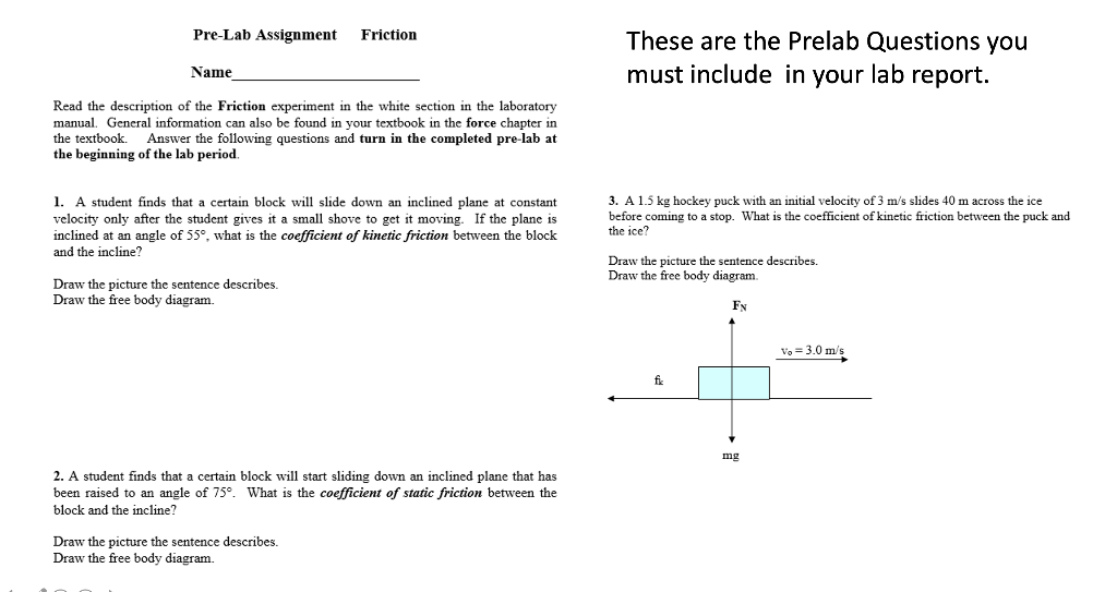 Solved Pre-Lab Assignment Friction These are the Prelab | Chegg.com