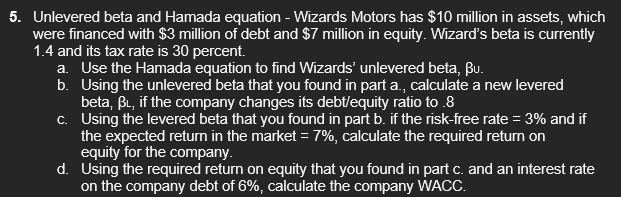 Solved 5. Unlevered beta and Hamada equation - Wizards | Chegg.com