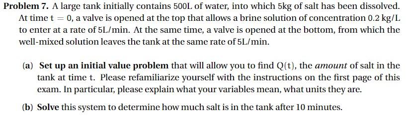Solved Problem 7. A large tank initially contains 500 L of | Chegg.com