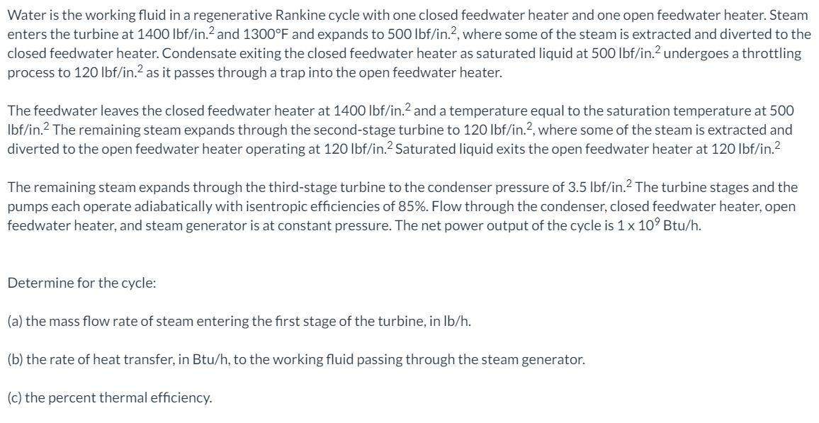 Solved Water is the working fluid in a regenerative Rankine | Chegg.com