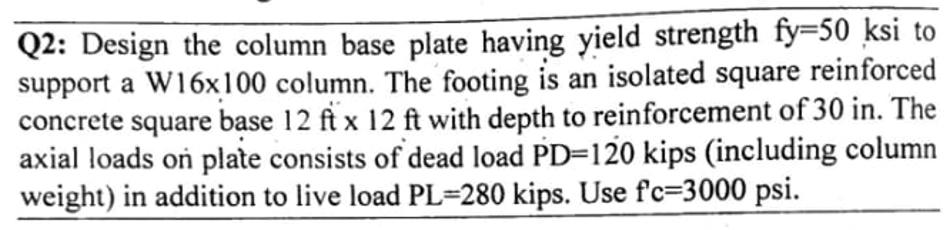 Solved Q2: Design the column base plate having yield | Chegg.com