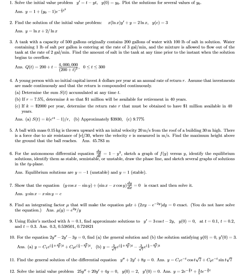 Solved y = t-yt, y(0) = yo. Plot the solutions for several | Chegg.com