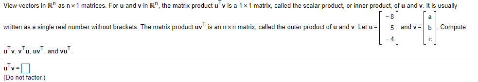 Solved View vectors in R" as nx 1 matrices. For u and v in | Chegg.com