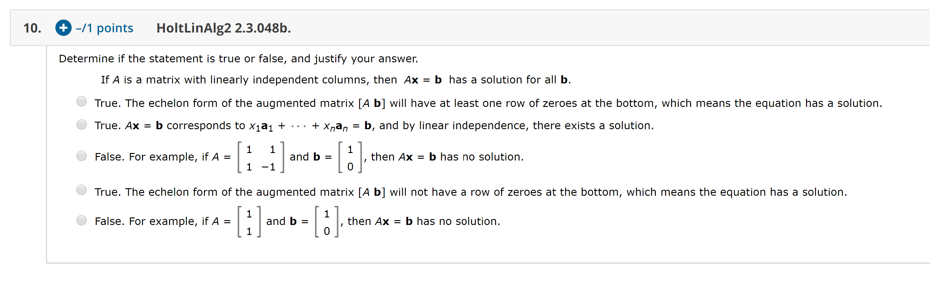 Solved 10. + -/1 points HoltLinAlg2 2.3.048b. Determine if | Chegg.com