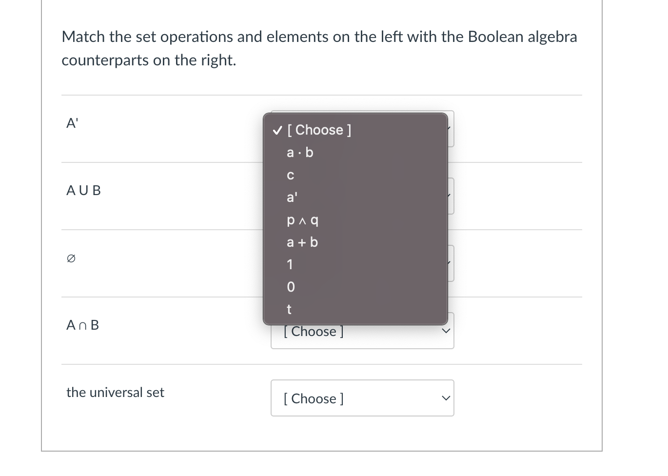 Solved Match the set operations and elements on the left | Chegg.com