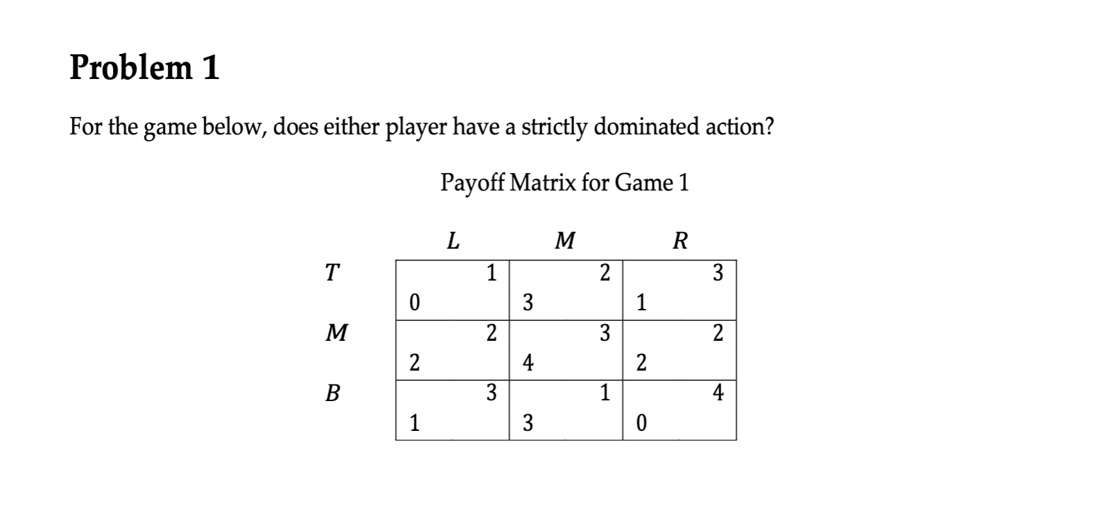 Solved For the game below, does either player have a | Chegg.com