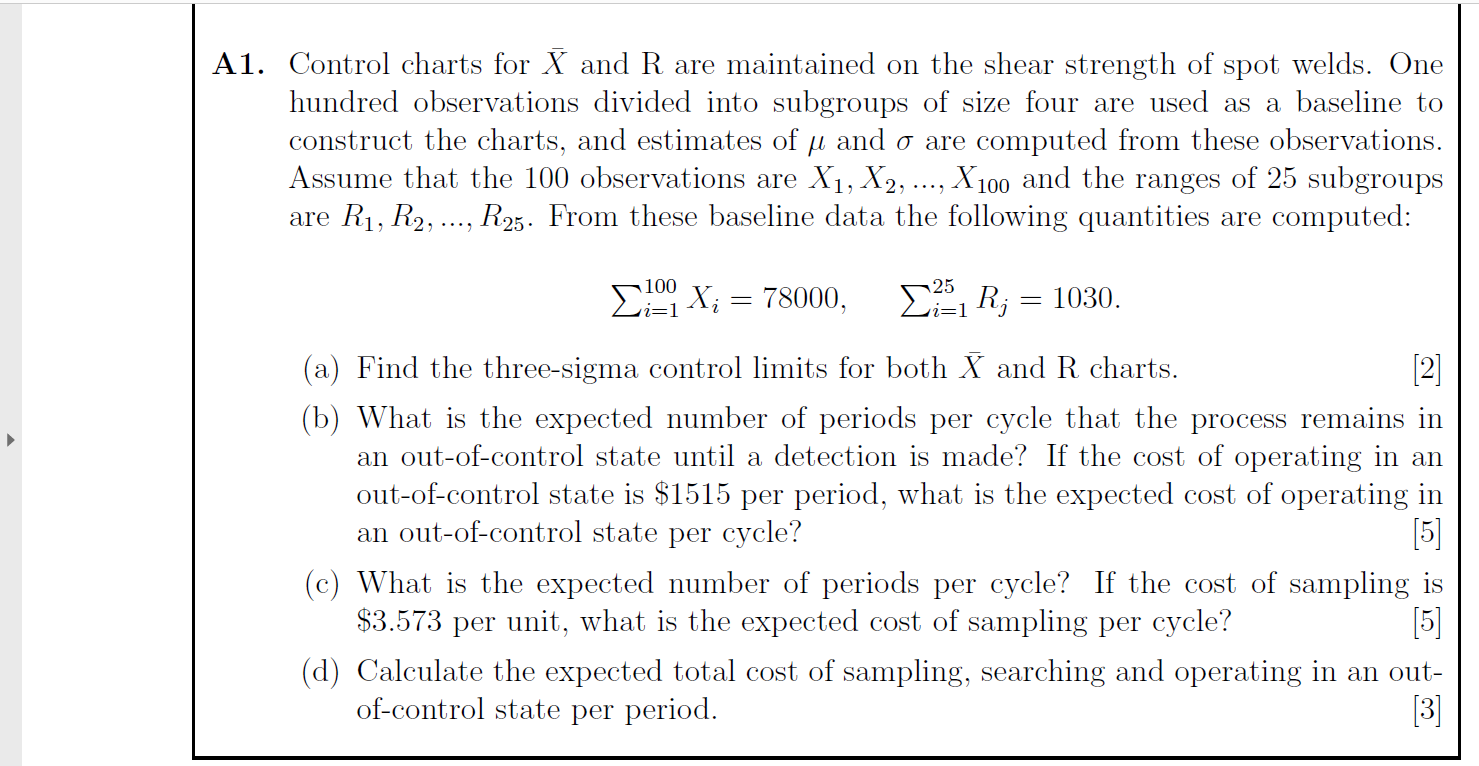 Solved A1. Control charts for X and R are maintained on the | Chegg.com