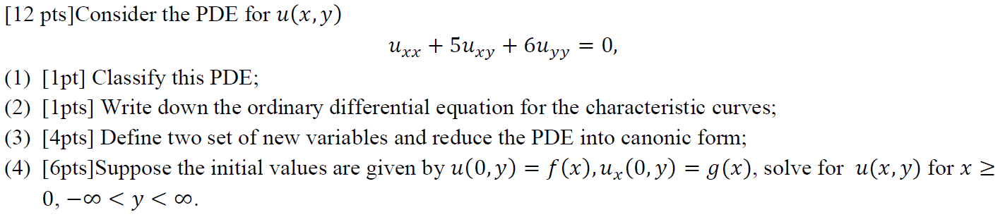 Solved [12 pts]Consider the PDE for u(x,y) Uxx + 5uxy + buyy | Chegg.com