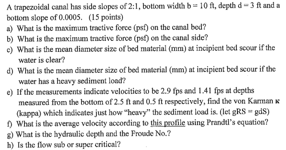 Solved A trapezoidal canal has side slopes of 2:1, bottom | Chegg.com