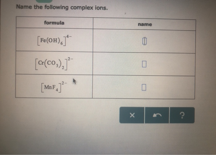 Solved Name the following complex ions. formula name | Chegg.com