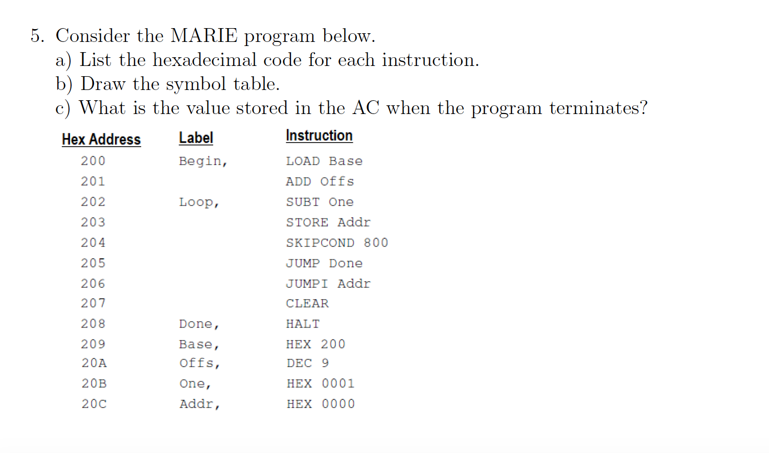 Solved 5 Consider The Marie Program Below A List The 