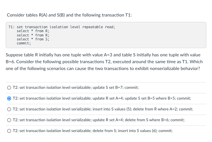 Solved Consider tables R(A) ﻿and S(B) ﻿and the following | Chegg.com