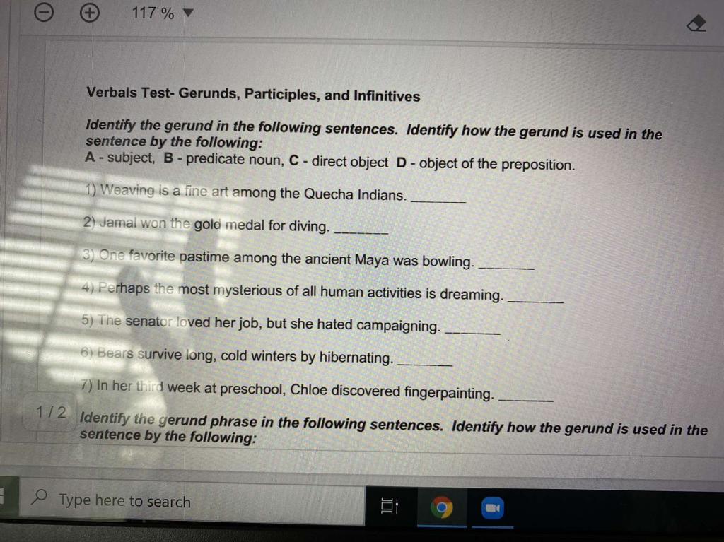 e 117 % Verbals Test-Gerunds, Participles, and | Chegg.com
