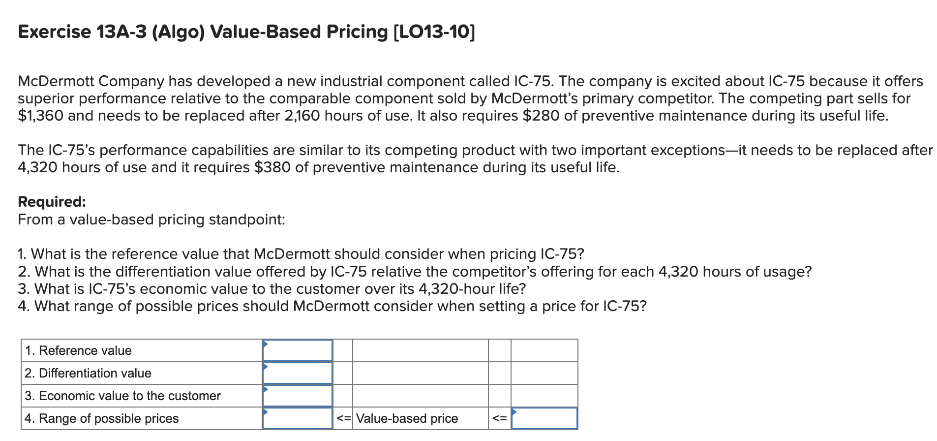 Solved Exercise 13A-3 (Algo) Value-Based Pricing [LO13-10] | Chegg.com