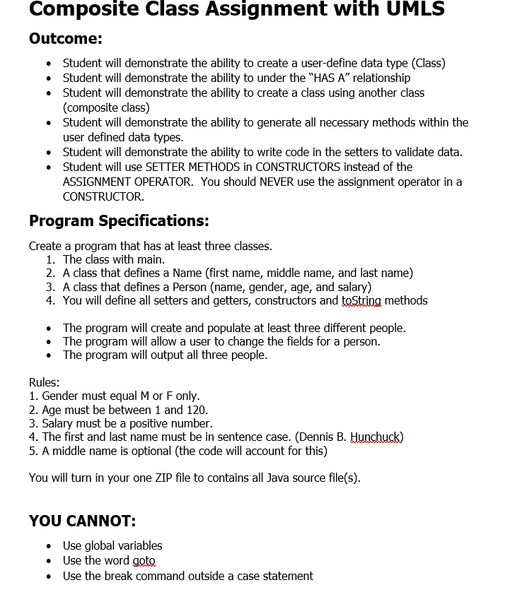 Solved Composite Class Assignment with UMLS Outcome: • • | Chegg.com