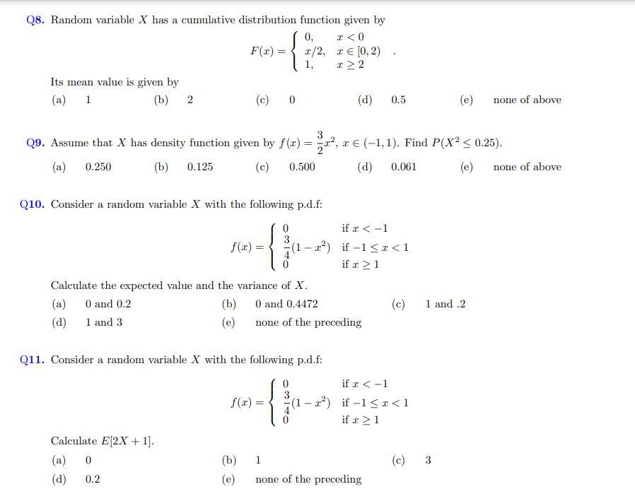 Q8. Random variable X has a cumulative distribution | Chegg.com