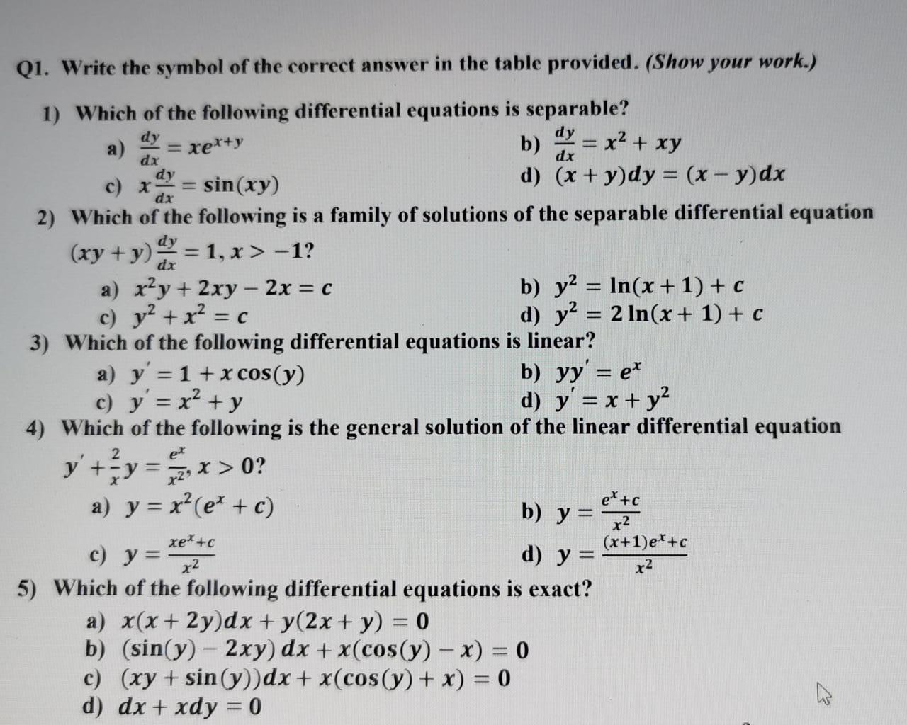 Solved Q1. Write the symbol of the correct answer in the | Chegg.com