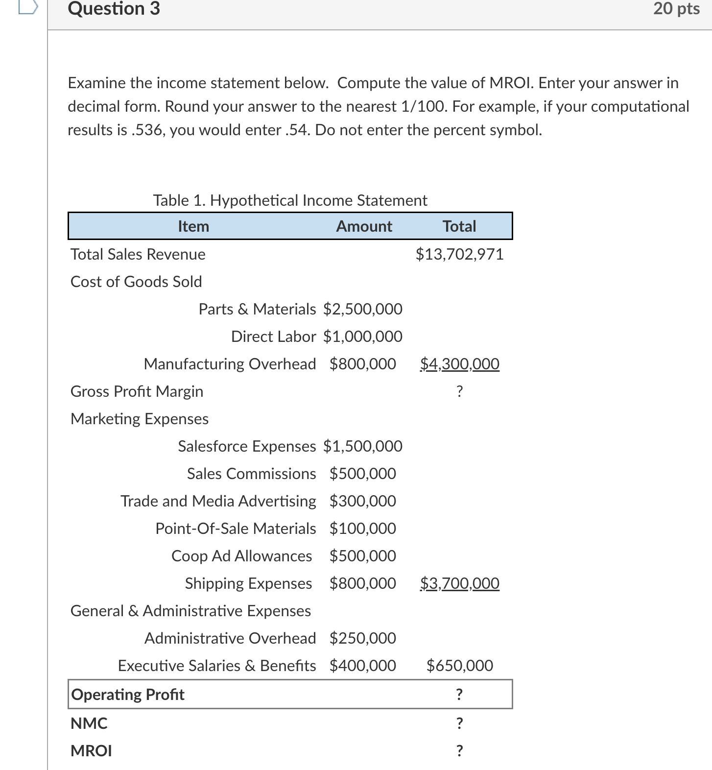 Solved Question 3Examine the income statement below. Compute | Chegg.com