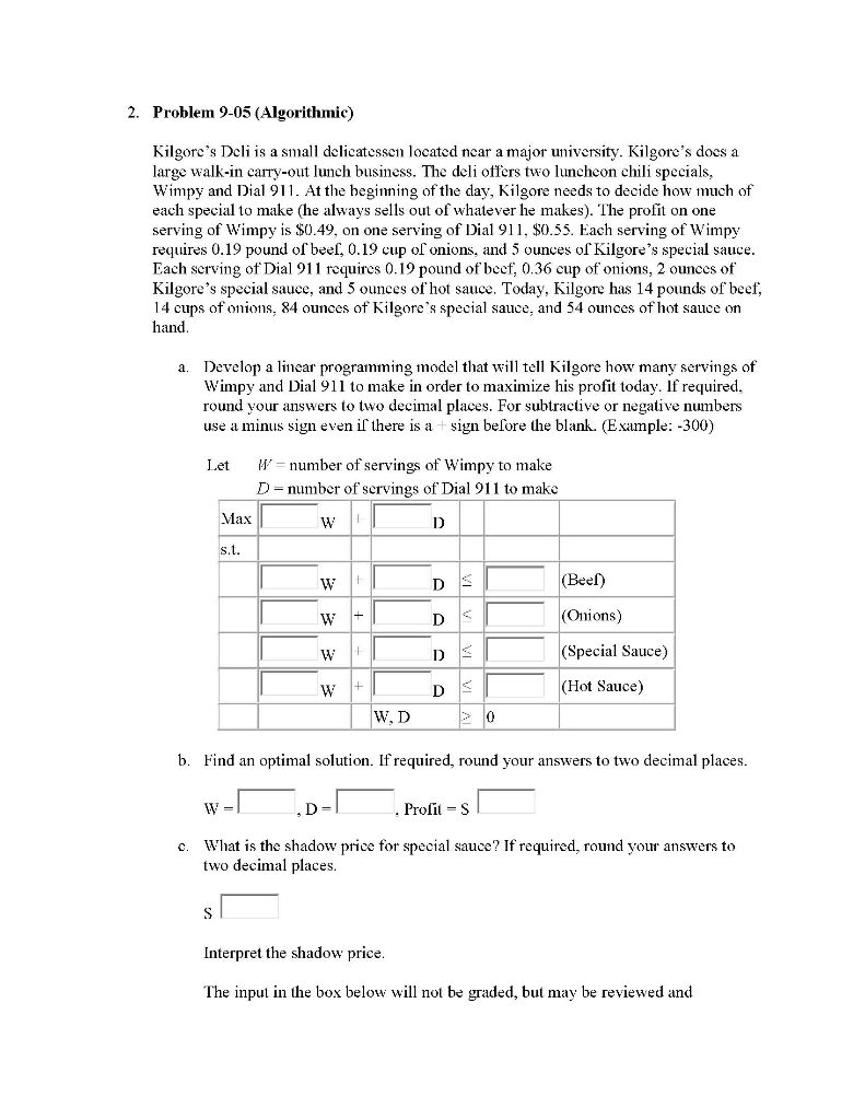 Solved Problem 9-05 (Algorithmic) Kilgore’s Deli is a | Chegg.com
