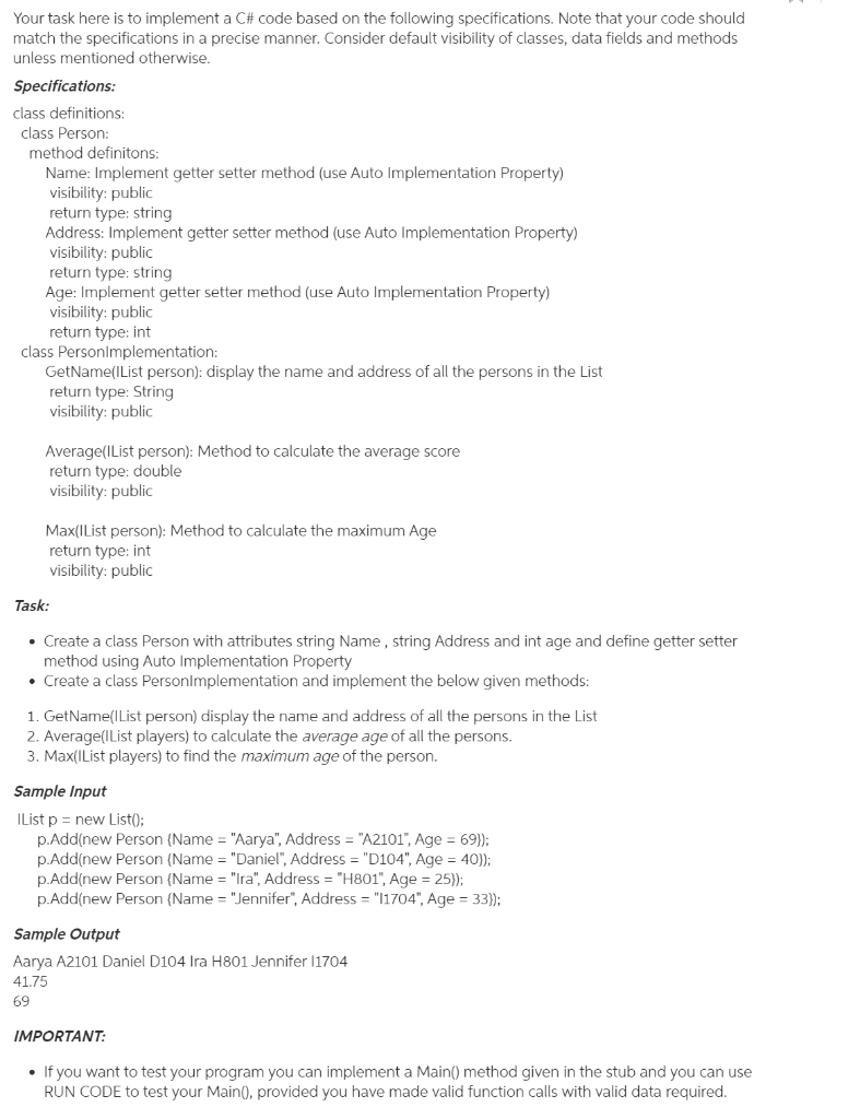 Solved Your task here is to implement a C# code based on the | Chegg.com