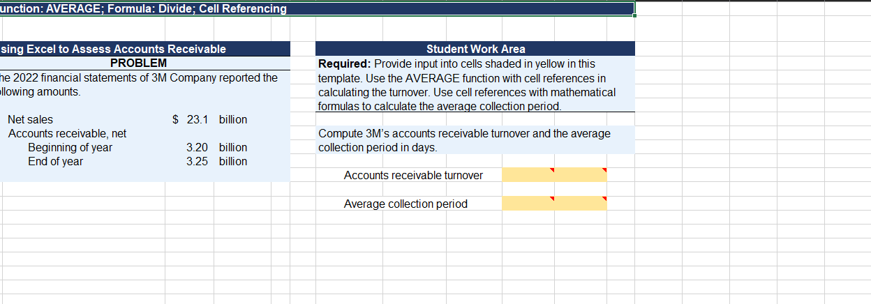 Solved unction: AVERAGE; Formula: Divide; Cell Referencing | Chegg.com