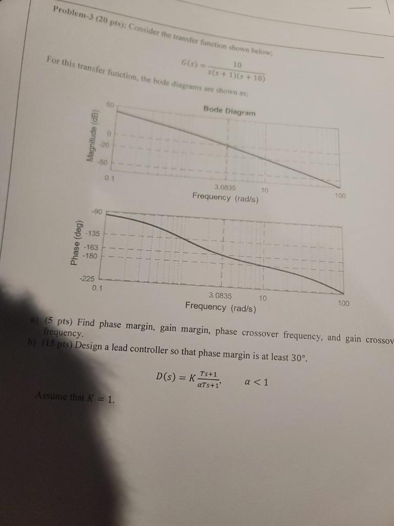 Solved G(s)=s(s+1)(s+10)10 (5 pts) Find phase margin, gain | Chegg.com