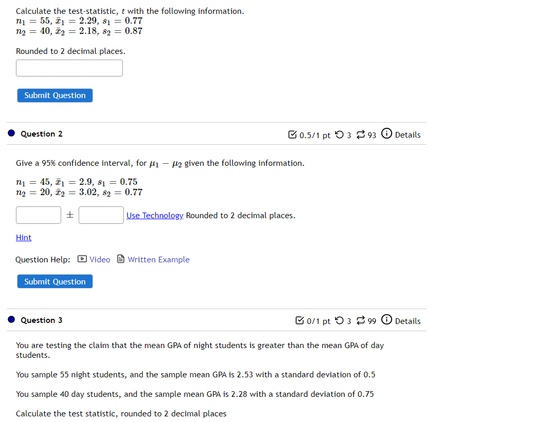 Solved Calculate the test statistic, t with the following | Chegg.com