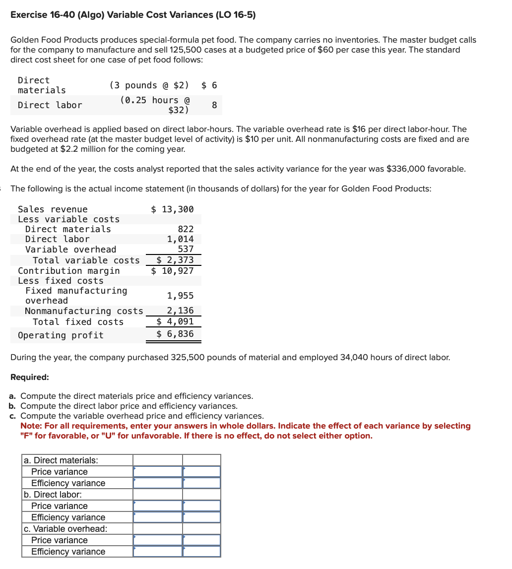 Exercise 16-40 (Algo) ﻿Variable Cost Variances (LO | Chegg.com