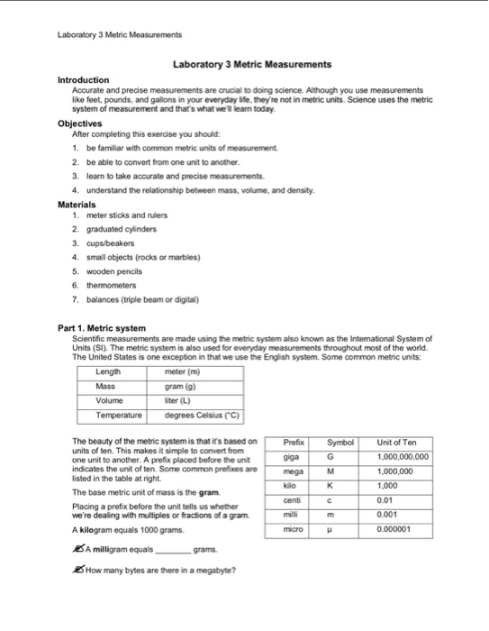 Solved Laboratory 3 Metric Measurements Accurate and precise | Chegg.com