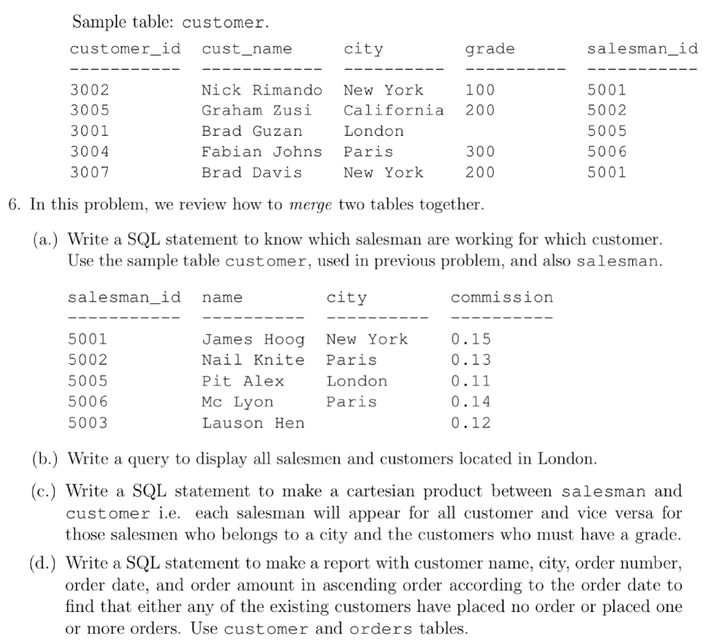 Solved salesman_id - - - - - - - - - - Sample table: | Chegg.com