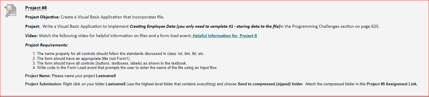 Project #8 Project Objective: Create a Visual Basic | Chegg.com
