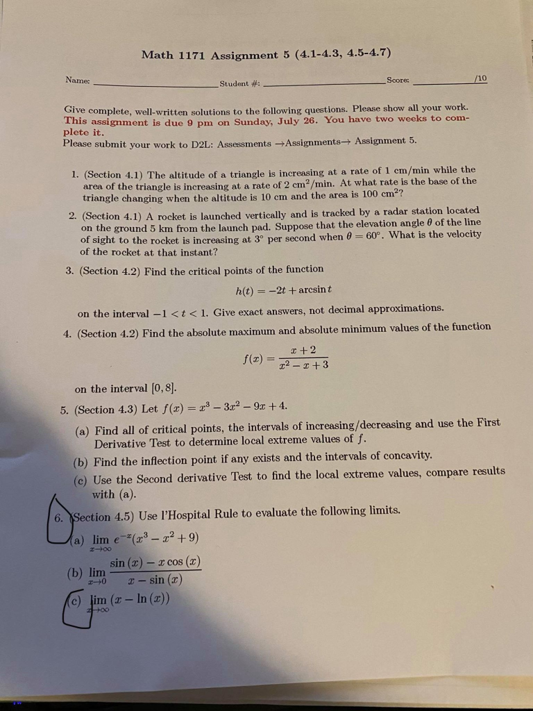 Solved Math 1171 Assignment 5 (4.1-4.3, 4.5-4.7) Name: | Chegg.com