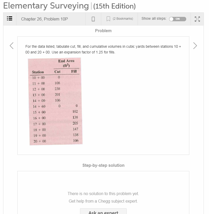 Solved 2610 For The Data Listed Tabulate Cut Fill And 