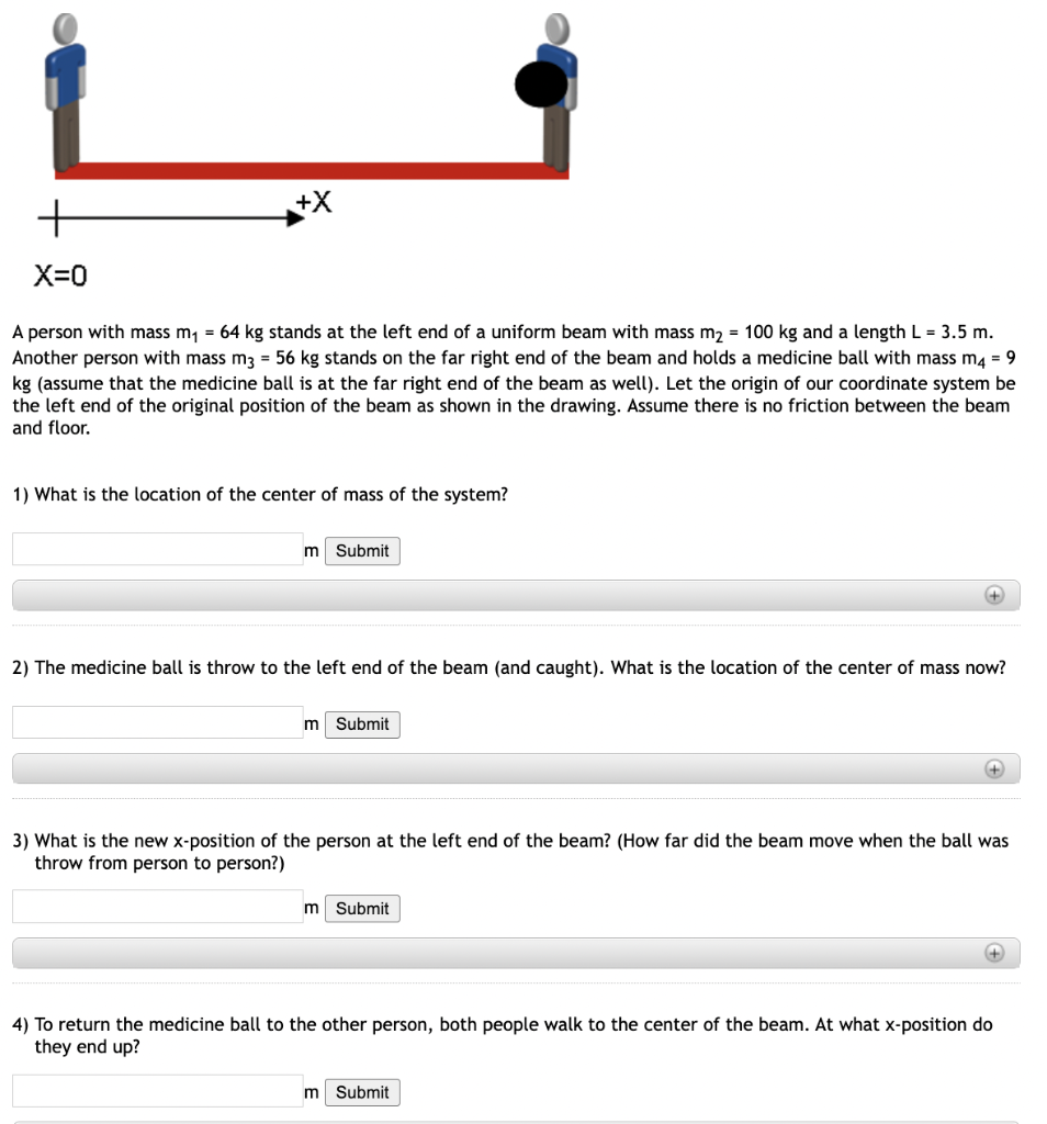 Solved x=U A person with mass m1=64 kg stands at the left | Chegg.com