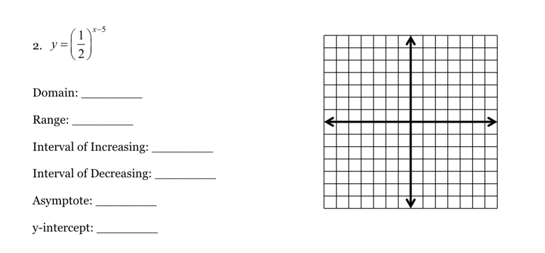 Solved y=(12)x-5Domain:Range:Interval of Increasing:Interval | Chegg.com