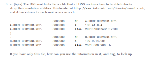 3. a. (5pts) The DNS root hints file is a file that | Chegg.com