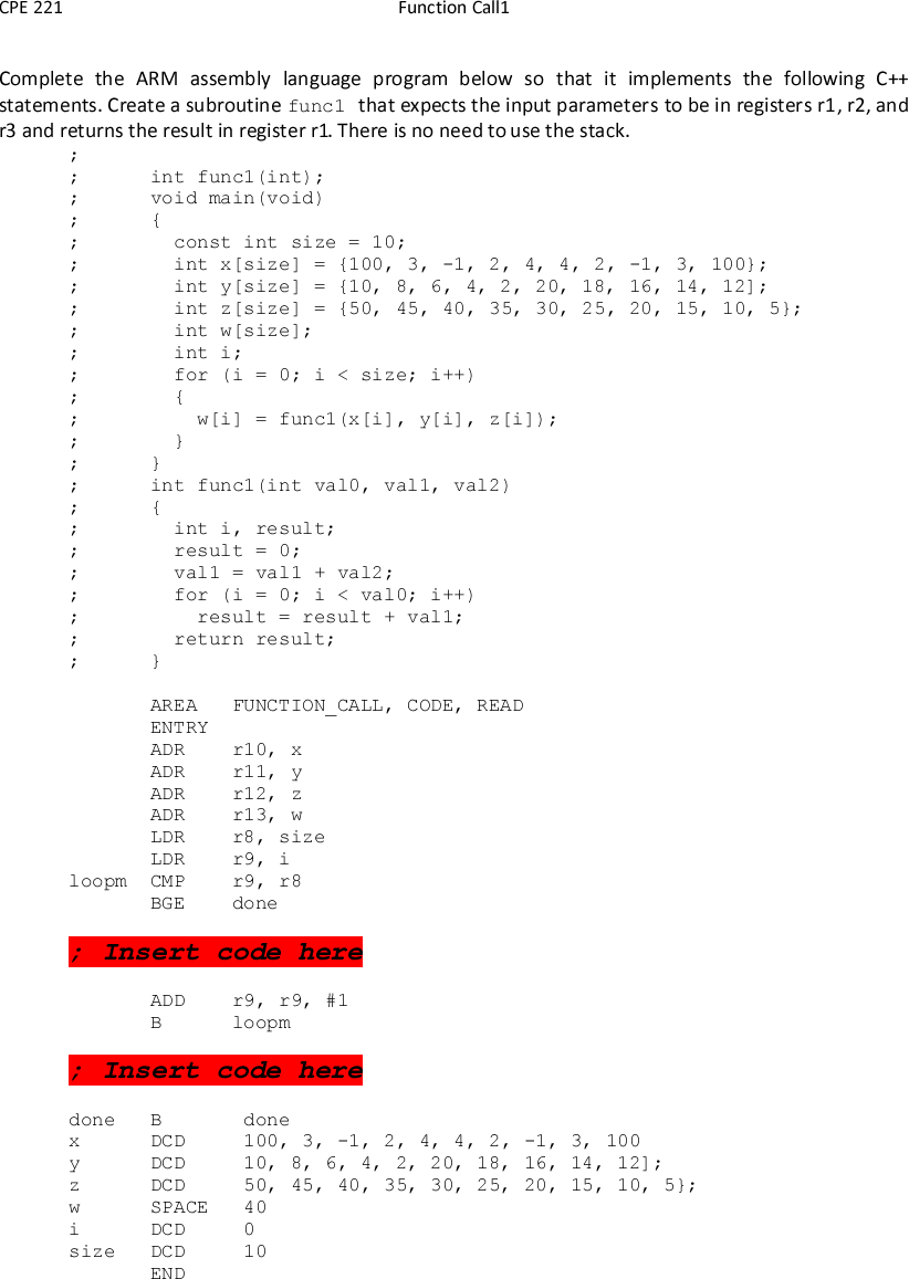 CPE 221 Function Calli Complete the ARM assembly | Chegg.com