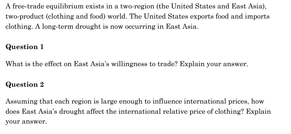 Solved A free-trade equilibrium exists in a two-region (the | Chegg.com