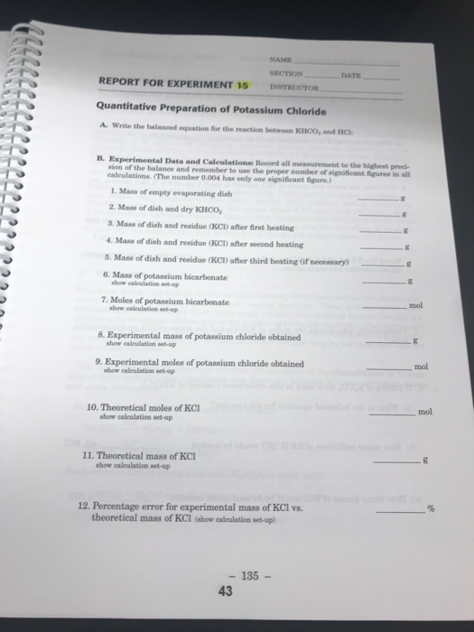 NAME SECTION DATE REPORT FOR EXPERIMENT 15 INSTRUCTOR | Chegg.com