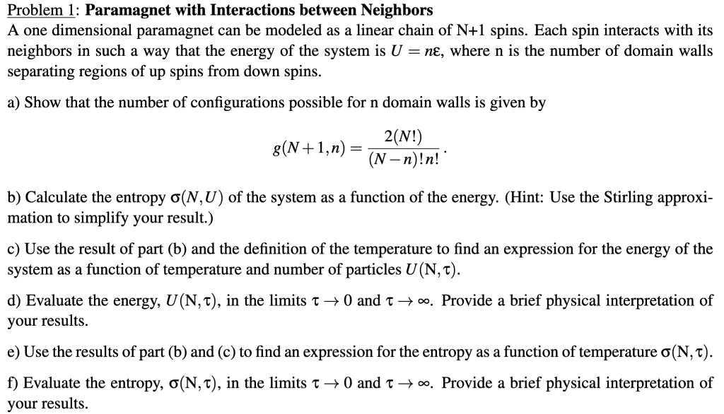 Solved Problem 1: Paramagnet with Interactions between | Chegg.com