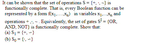 Solved It can be shown that the set of operations S = {+, ', | Chegg.com