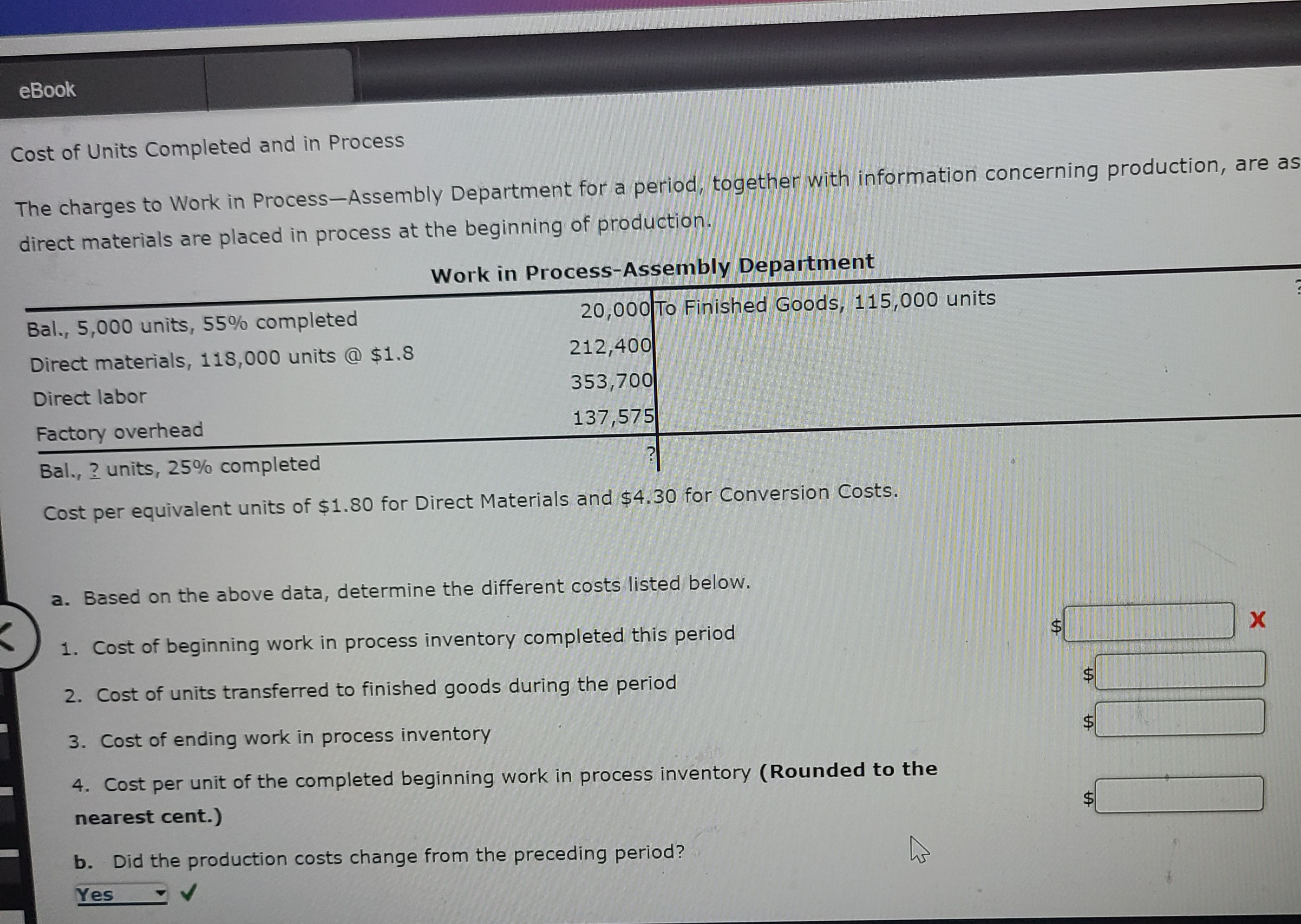 Solved eBook Cost of Units Completed and in Process The | Chegg.com