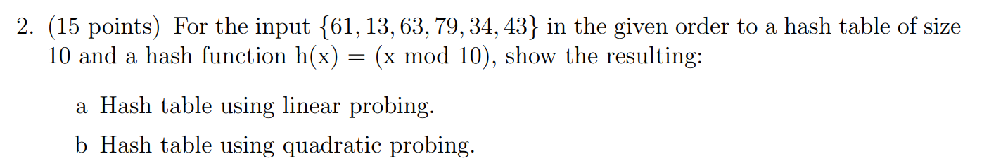 Solved 2. (15 points) For the input {61,13,63,79,34,43} in | Chegg.com