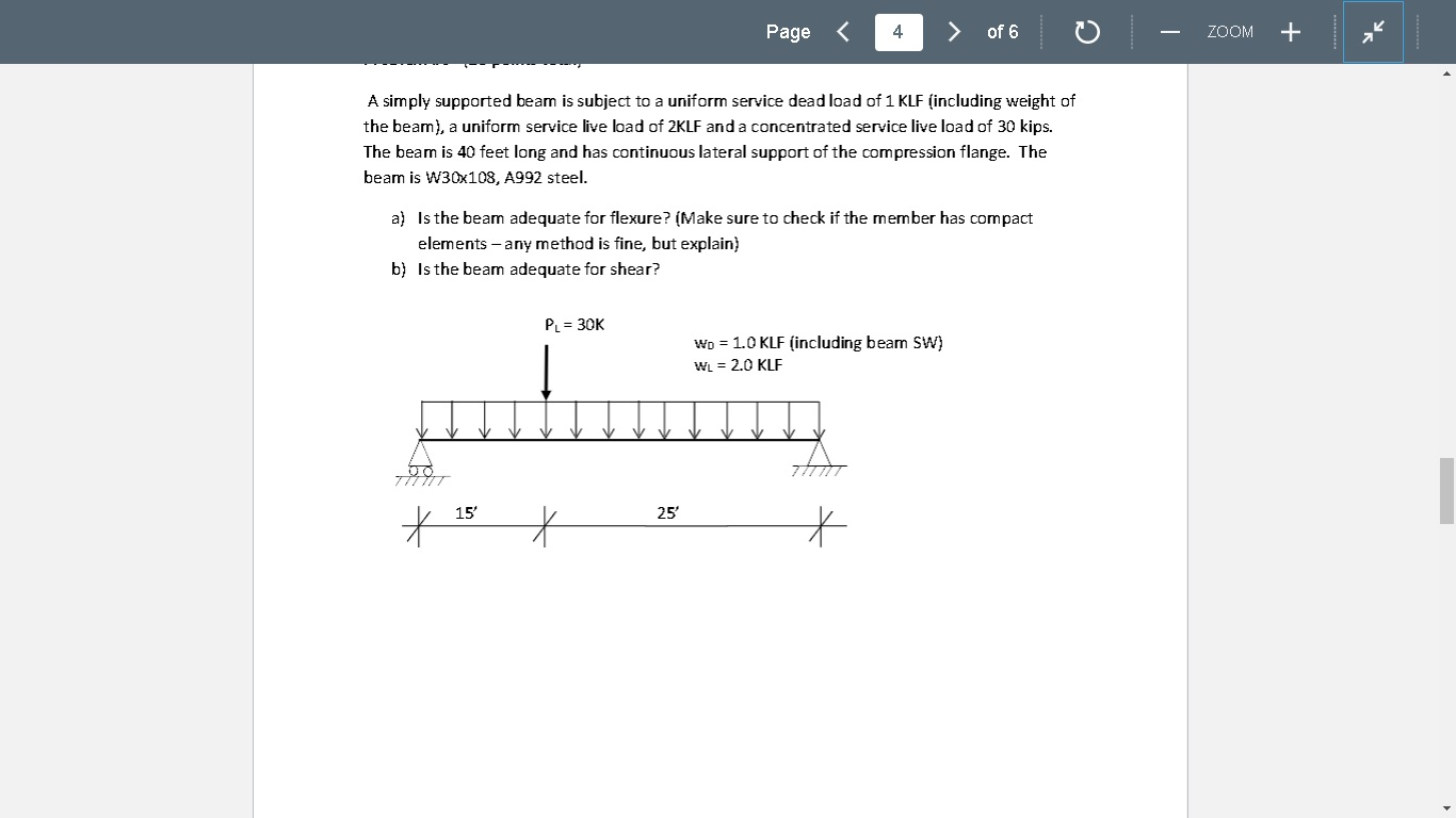 Solved Page of 6 0 - ZOOM + ok A simply supported beam | Chegg.com