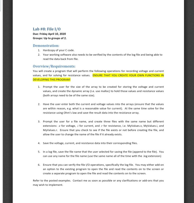 Solved Lab #8: File I/O Due: Friday April 10, 2020 Groups: | Chegg.com
