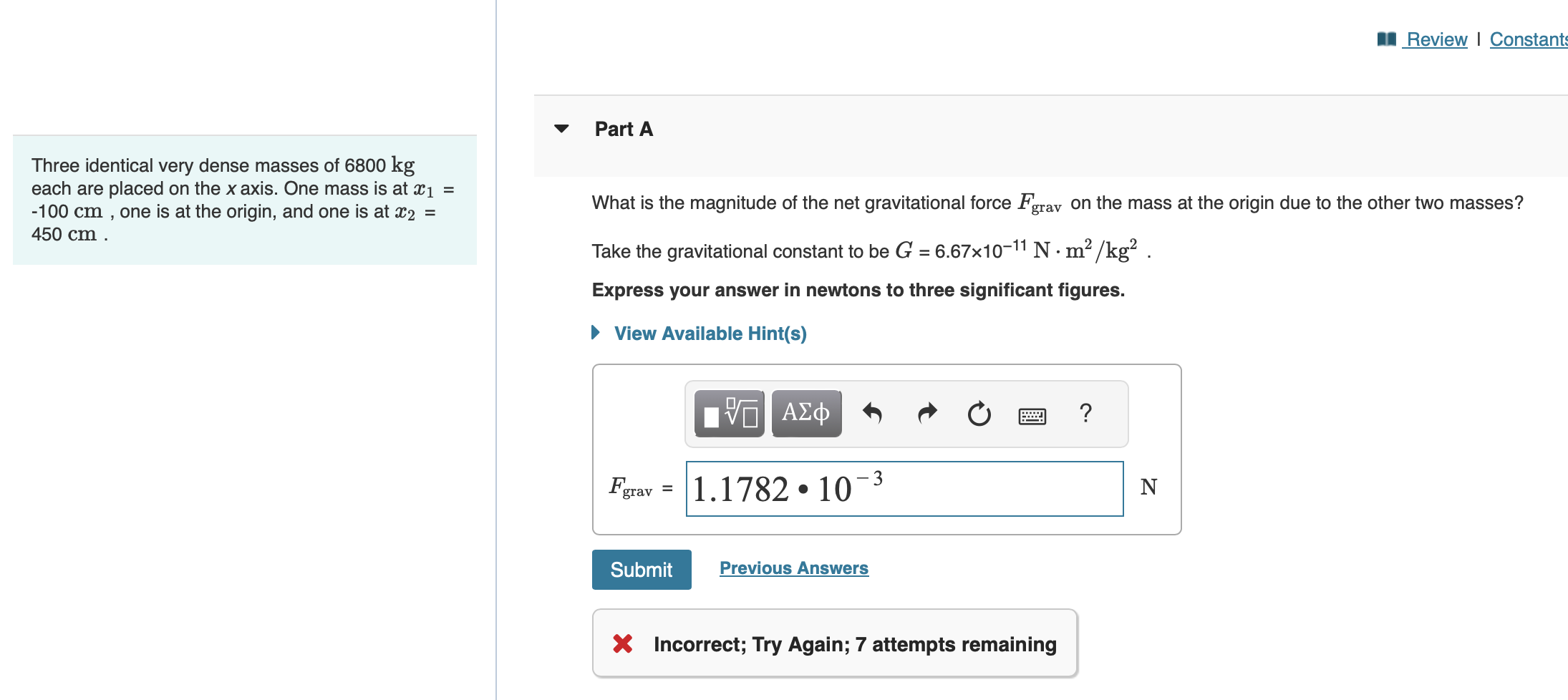 Solved Three identical very dense masses of 6800 kgeach are | Chegg.com