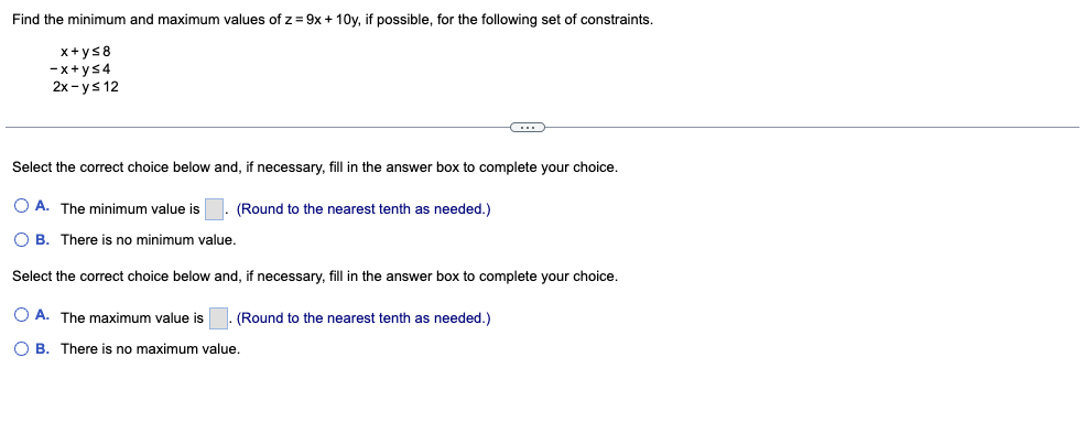 Solved Find the minimum and maximum values of z = 9x + 10y, | Chegg.com