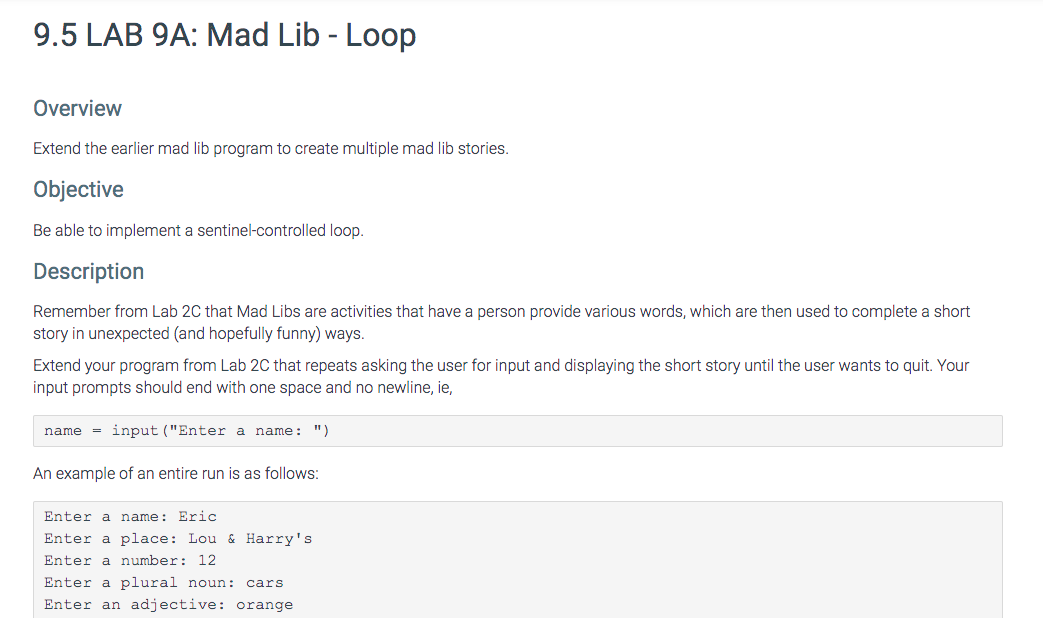 Solved 9.5 LAB 9A: Mad Lib - Loop Overview Extend the | Chegg.com