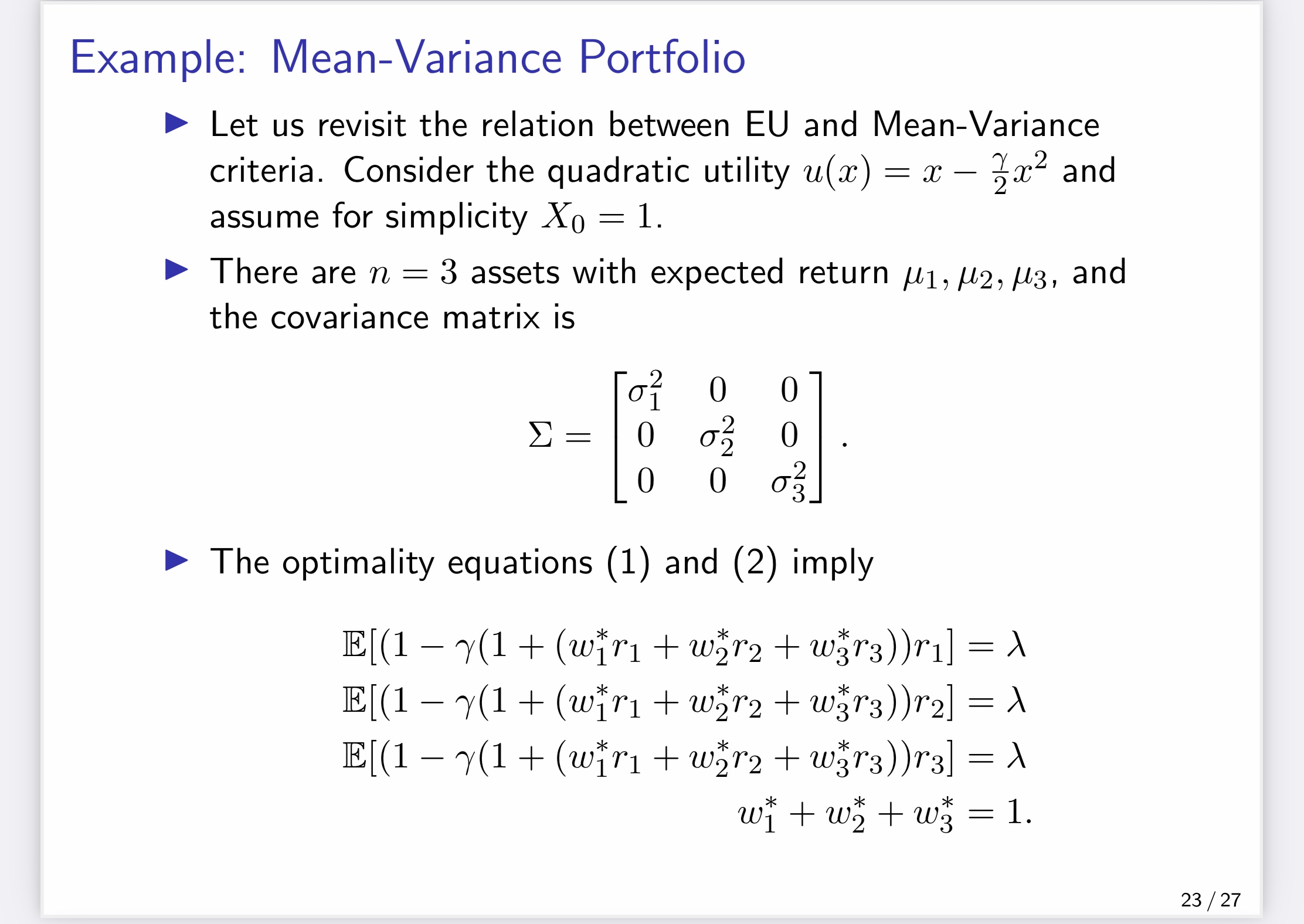 Example: Mean-Variance Portfolio (cont'd) Therefore, | Chegg.com