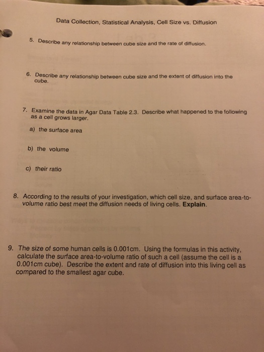 Solved Data Collection. Statistical Analysis, Cell Size vs. | Chegg.com
